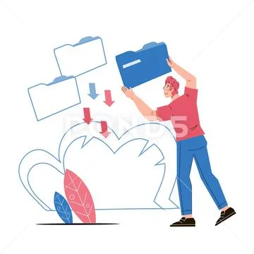 A person uses a computer cloud system to store files. Digital document ...