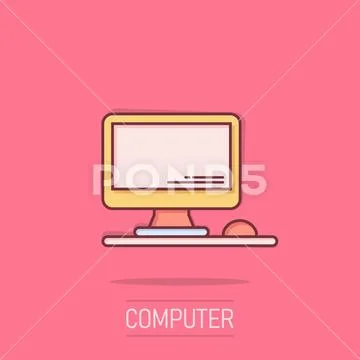 Personal computer in comic style. Desktop pc cartoon vector ...