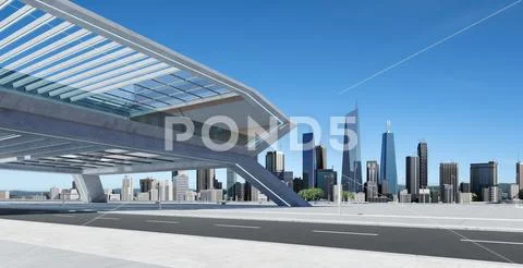Perspective view of empty street and modern rooftop building ...