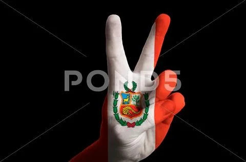 Peru national flag two finger up gesture for victory and winner symbol ...