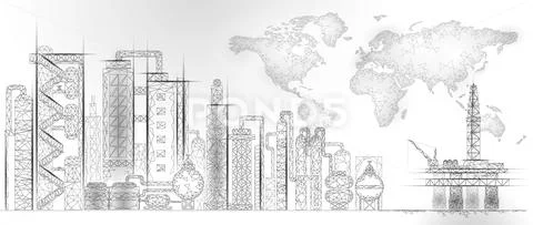 Petroleum oil refinery complex low poly World map. Finance economy ...