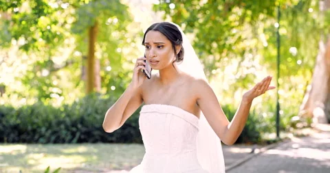 Phone call, angry and a bride in a garde... | Stock Video | Pond5