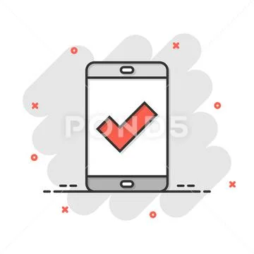 Phone check mark icon in comic style. Smartphone approval cartoon ...