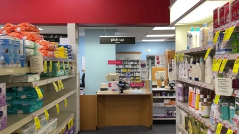 pick up sign at pharmacy aisle in store ... | Stock Video | Pond5