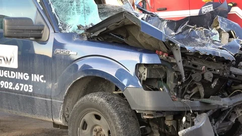 Pickup truck severely damaged after coll... | Stock Video | Pond5