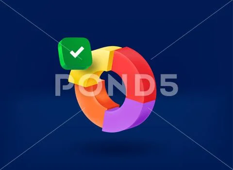 Pie chart with checkmark icon. 3d vector illustration: Graphic #196382001