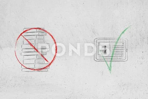 Pile of books crossed out next to tablet with green tick sign: Graphic ...