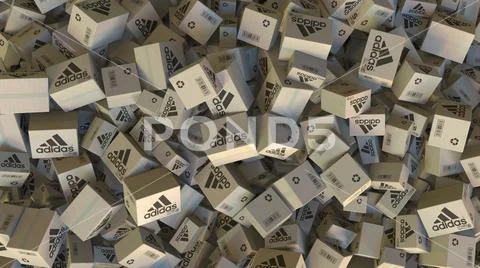 Pile of boxes with ADIDAS logo. Editorial 3D rendering Illustration ...