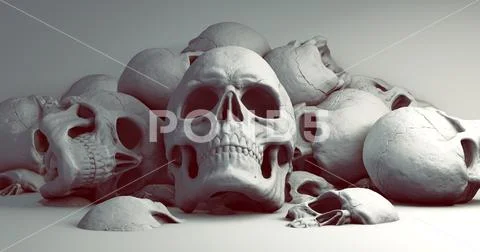 Pile of White Skulls with Dark Red Shadow on a Grey Studio Background ...