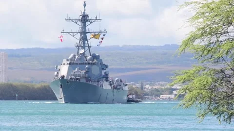 Pilot boat guiding U.S. Navy guided-miss... | Stock Video | Pond5