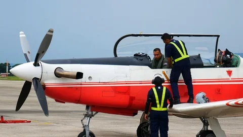 Pilot standby at Pilatus PC-7 Turbo Trai... | Stock Video | Pond5