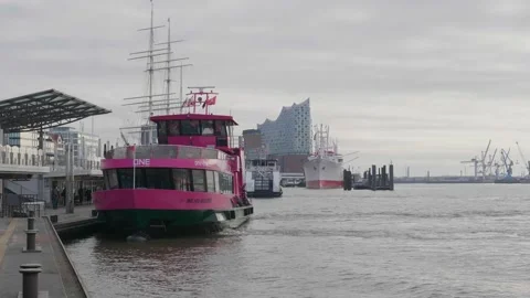 a pink ferry boat in Hamburg, Germany wi... | Stock Video | Pond5