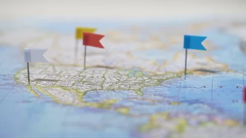 Pins mark cities and towns in countries ... | Stock Video | Pond5
