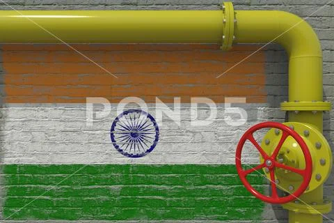 Pipe with valve and flag of India. 3d rendering ~ Clip Art #169365531