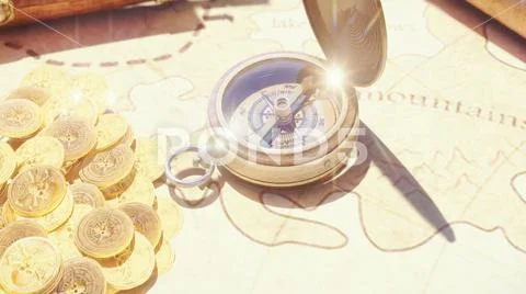 Pirate compass with pistol and spyglass lie on the treasure map. Pirate ...