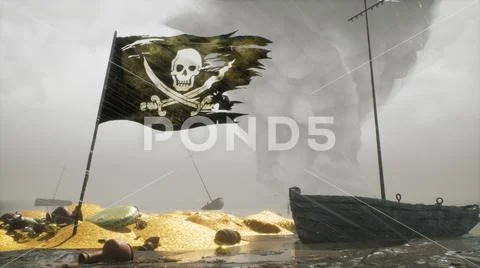 A pirate flag next to a pirate treasure on a tropical island. The ...