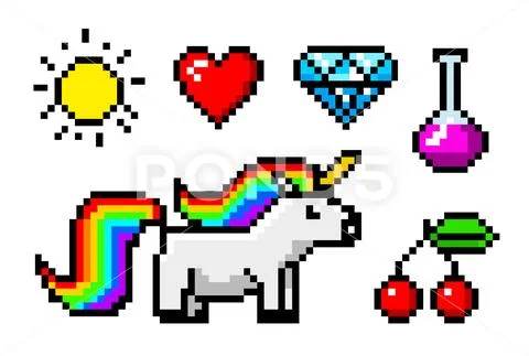 Pixel art 8 bit objects. Character unicorn and trophy. Retro game ...