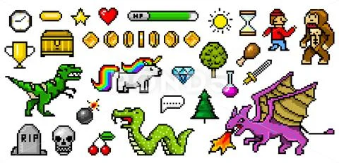 Pixel art 8 bit objects. Retro game assets. Set of icons. Vintage ...