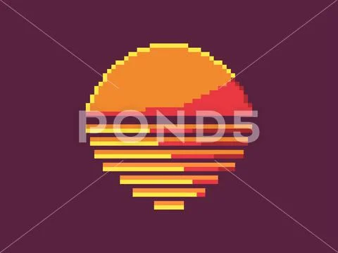 Pixel art 80s sunset. 8-bit sun synthwave and retrowave style: Royalty ...