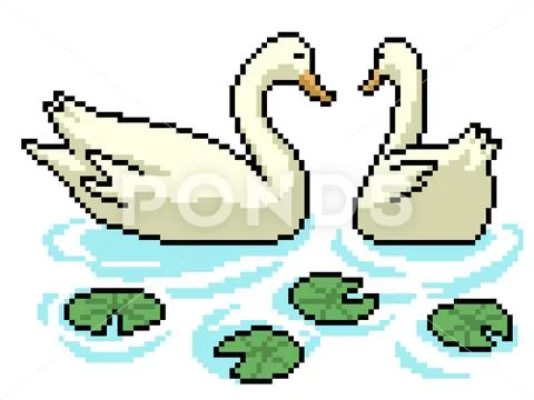 Pixel art couple swan swimming: Graphic #200093913