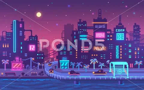 Pixel art cyberpunk metropolis background. Illustration #140991428