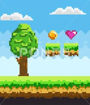 Pixel art game scene with green grass platform and tall tree against ...