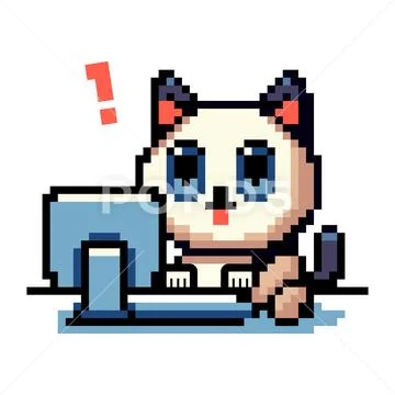 Pixel art icon with Siamese cat typing on a computer with a surprised ...