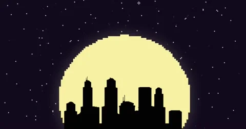 Pixel city, sun, moon, night sky. Cartoo... | Stock Video | Pond5