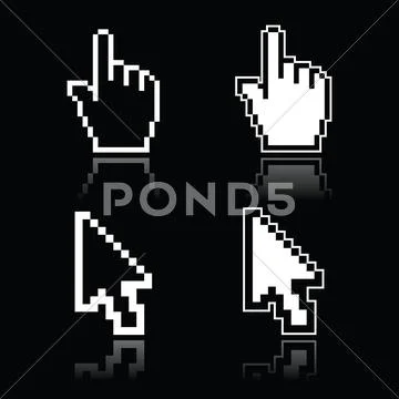 Pixel white cursors - hand and arrow icons on black background Illustration #37311872