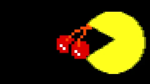 Pixelated Pac Man eating cherries enters... | Stock Video | Pond5