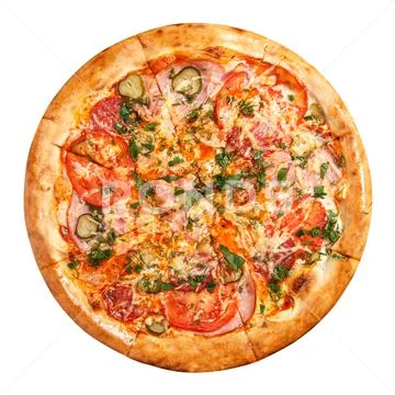 Pizza overhead view isolated on white background ~ Hi Res #157046688
