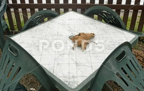 Plastic table with a fallen leaf on it Plastic table with a fallen leaf ...