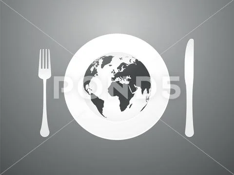 Plate with cutlery and world map: Graphic #81019921