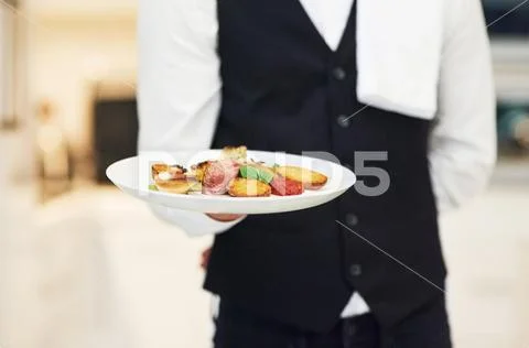 Photograph: Plate, restaurant server and hand with food for luxury fine ...