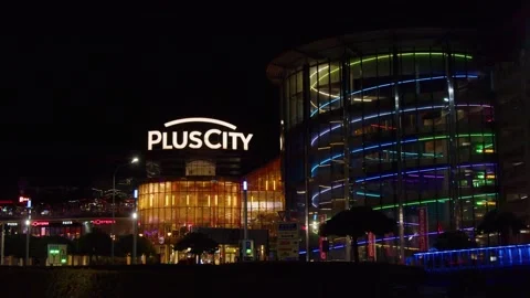 PlusCity shopping mall logo at night | Stock Video | Pond5
