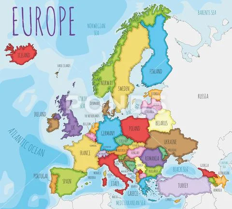 Political Europe Map vector illustration with different colors for each ...