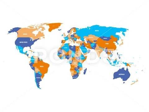 Political map of World in four colors with white country name labels ...