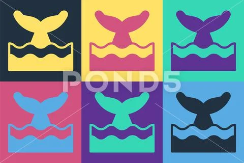 Pop art Whale tail in ocean wave icon isolated on color background ...