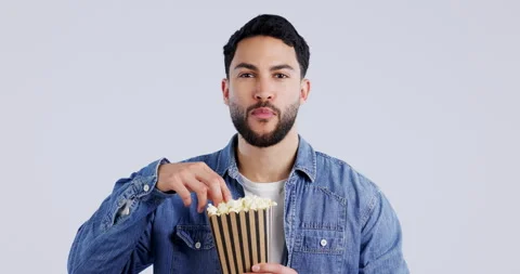 Popcorn, man face and watching tv or mov... | Stock Video | Pond5