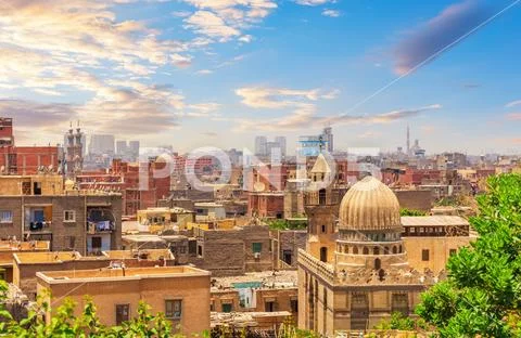 Popular view of Islamic Cairo, old buildings and mosques of the city of ...
