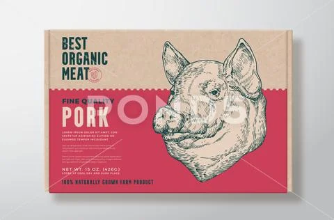 Pork Meat Vector Packaging Label Design on a Craft Cardboard Food Box ...