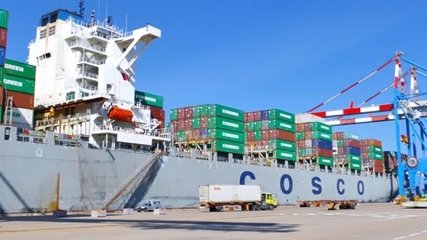 Port work - International Container ship... | Stock Video | Pond5