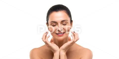 Photograph: Portrait of a 40 years old woman with closed eyes and clean ...