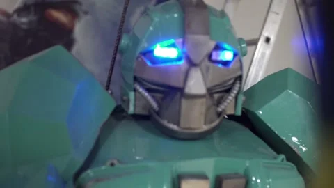 Portrait of big metallic robot with flas... | Stock Video | Pond5