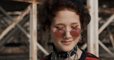 Portrait goth girl teenager smiling sung... | Stock Video | Pond5