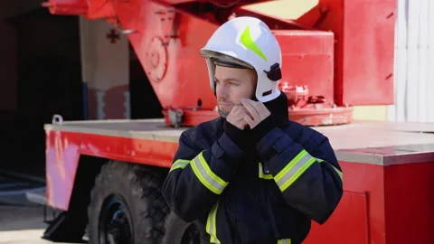 Portrait of the handsome fireman in the ... | Stock Video | Pond5