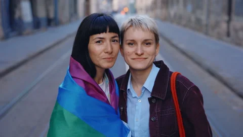 Portrait of a lesbian couple with an lgb... | Stock Video | Pond5