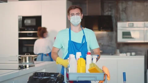 Portrait of male cleaner in uniform and ... | Stock Video | Pond5