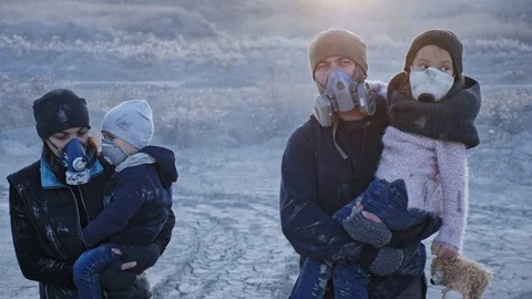 Portrait of survivor family in gas mask ... | Stock Video | Pond5