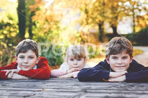 Photograph: Portrait of three siblings children. Two kids brothers boys ...